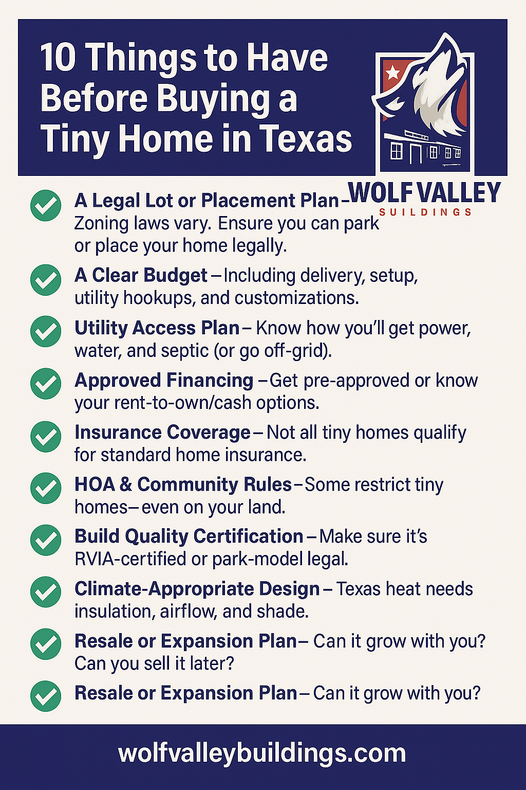 Tiny Home Checklist - Wolf Valley Homes